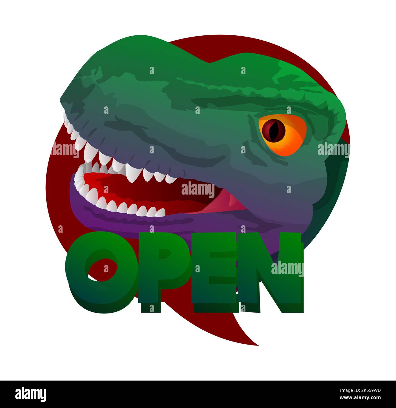 Dinosaur with speech bubble saying Open word. Tyrannosaurus Rex with ...