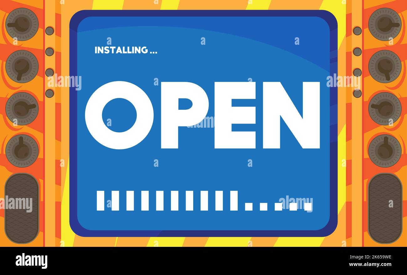 Cartoon Computer With the word Open. Message of a screen displaying an ...