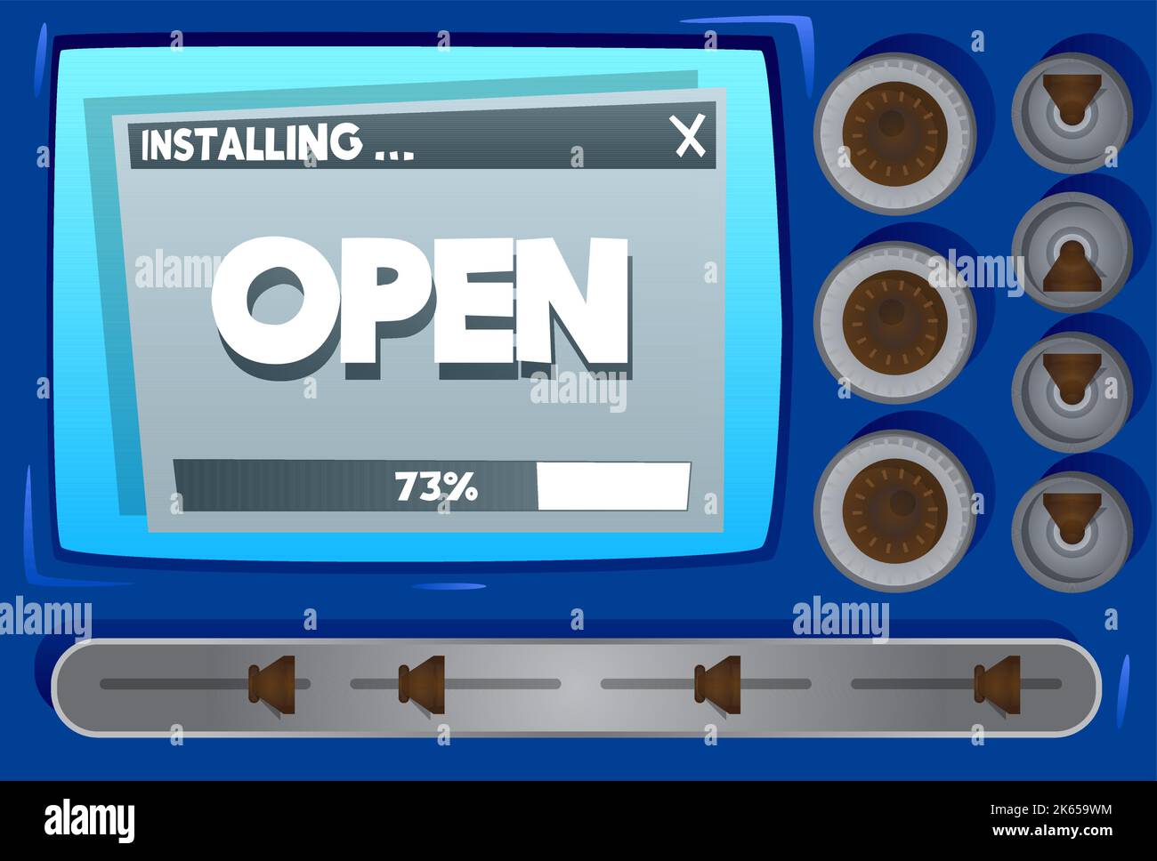 Cartoon Computer With The Word Open Message Of A Screen Displaying An Installation Window Stock
