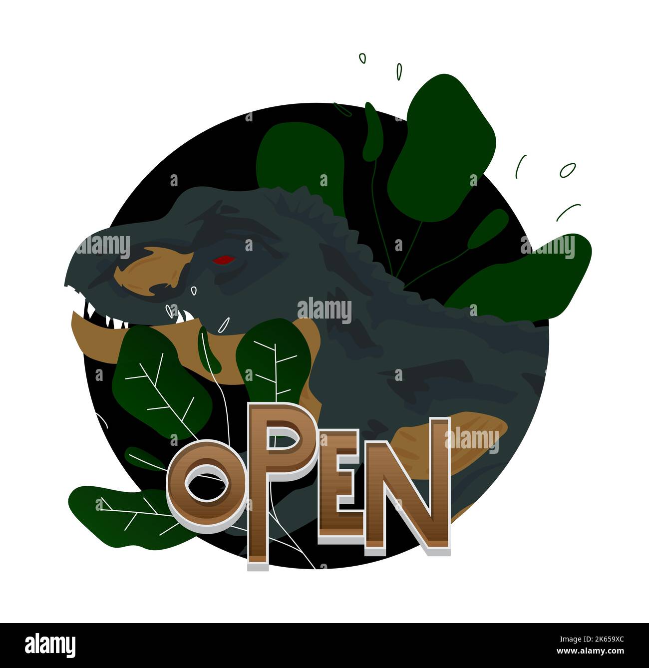 Dinosaur with speech bubble saying Open word. Tyrannosaurus Rex with ...