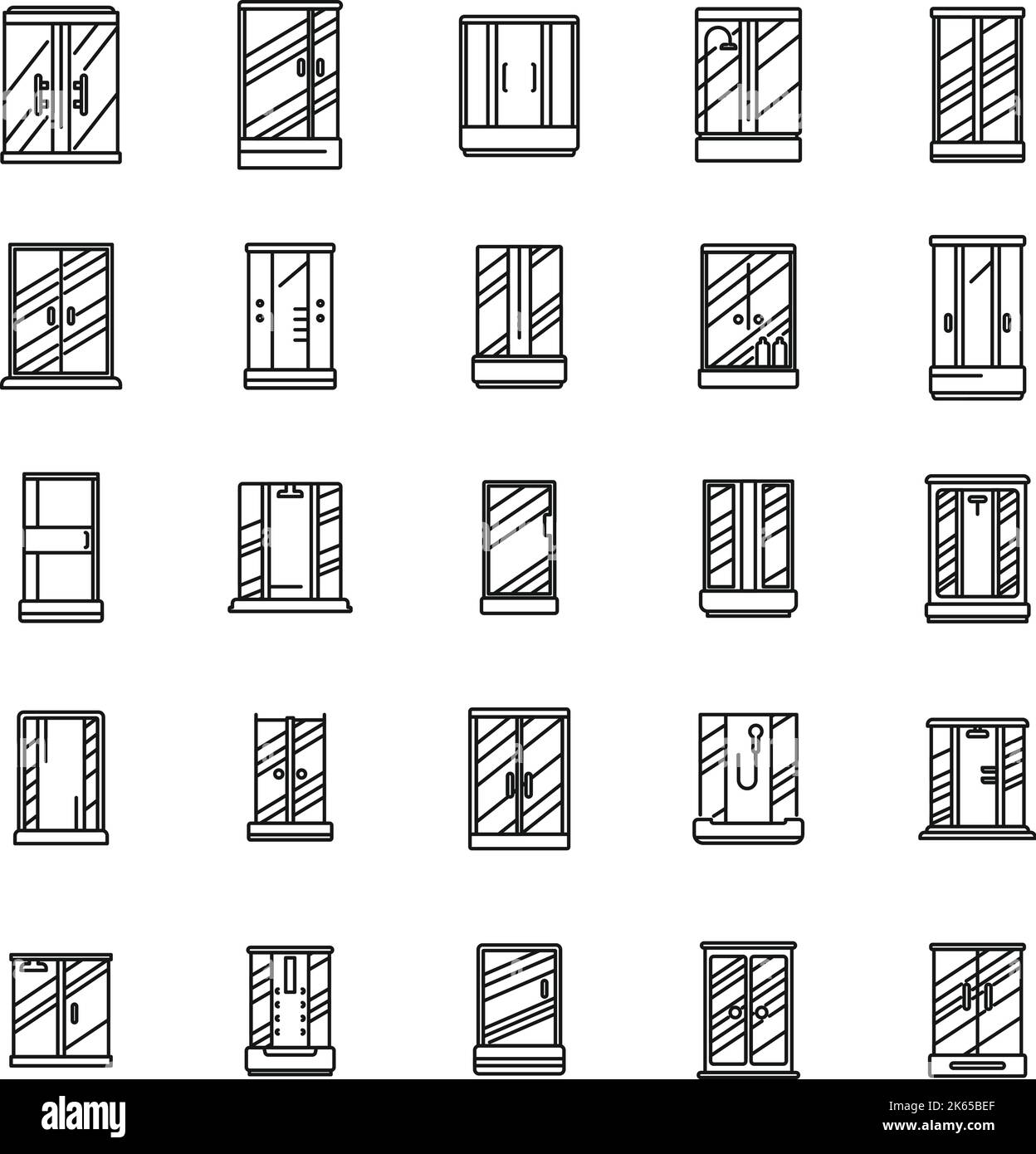 Shower stall icons set outline vector. Ceramic bathroom. Compact corner ...