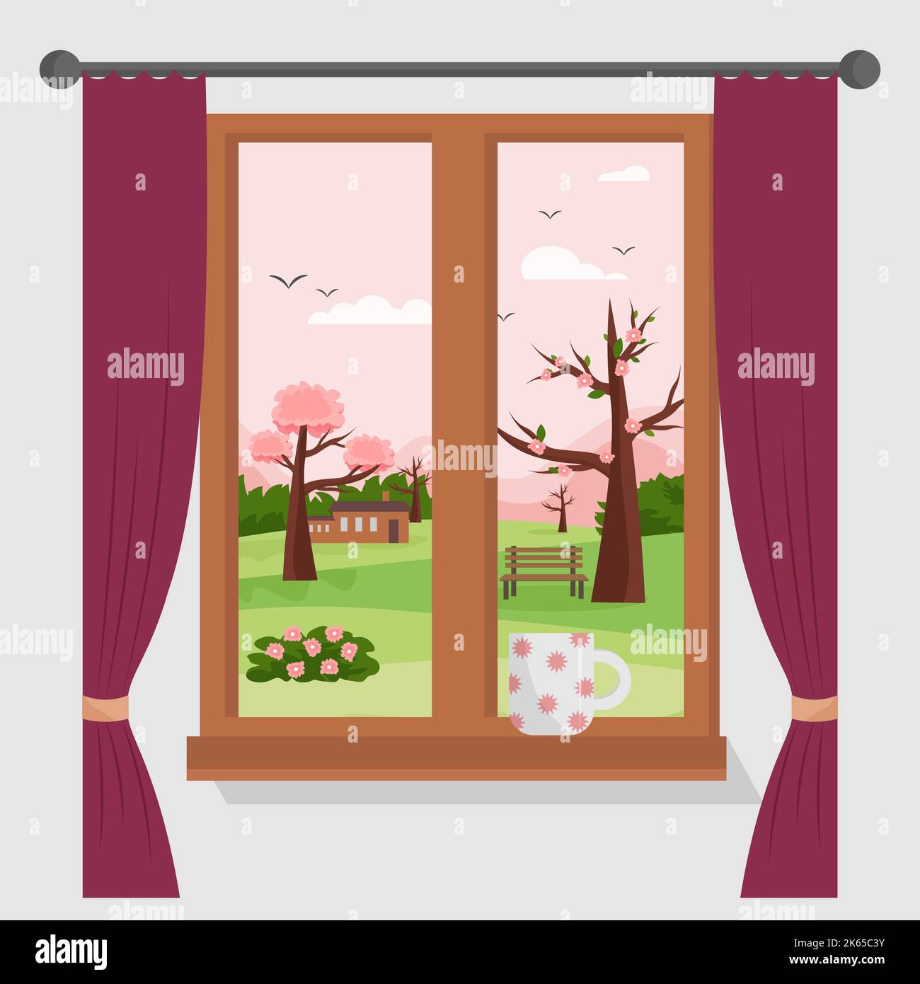 View from the window to the landscape. Window, flowering trees and ...
