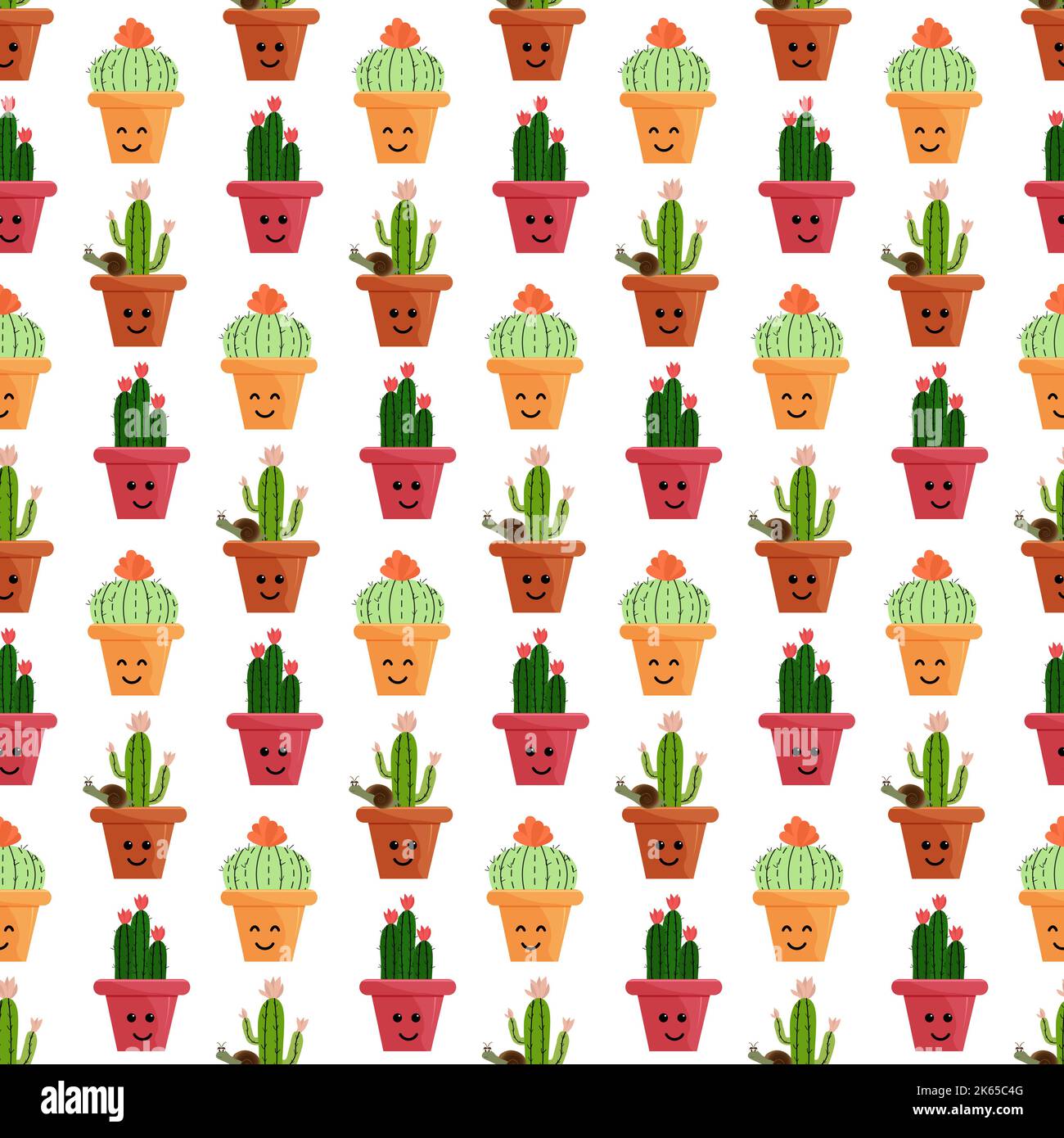 Cute and funny cacti in clay pots. Seamless pattern. Vector illustration isolated on white ...