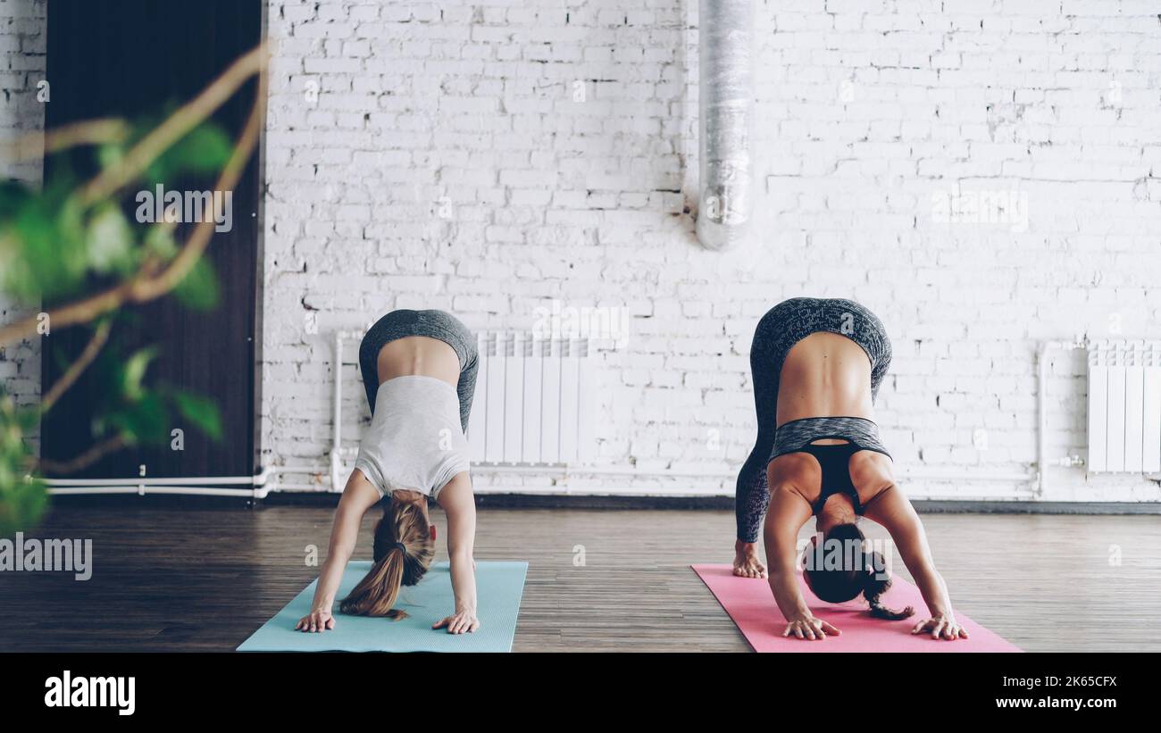 Young blond girl is enjoying individual yoga practice with friendly ...