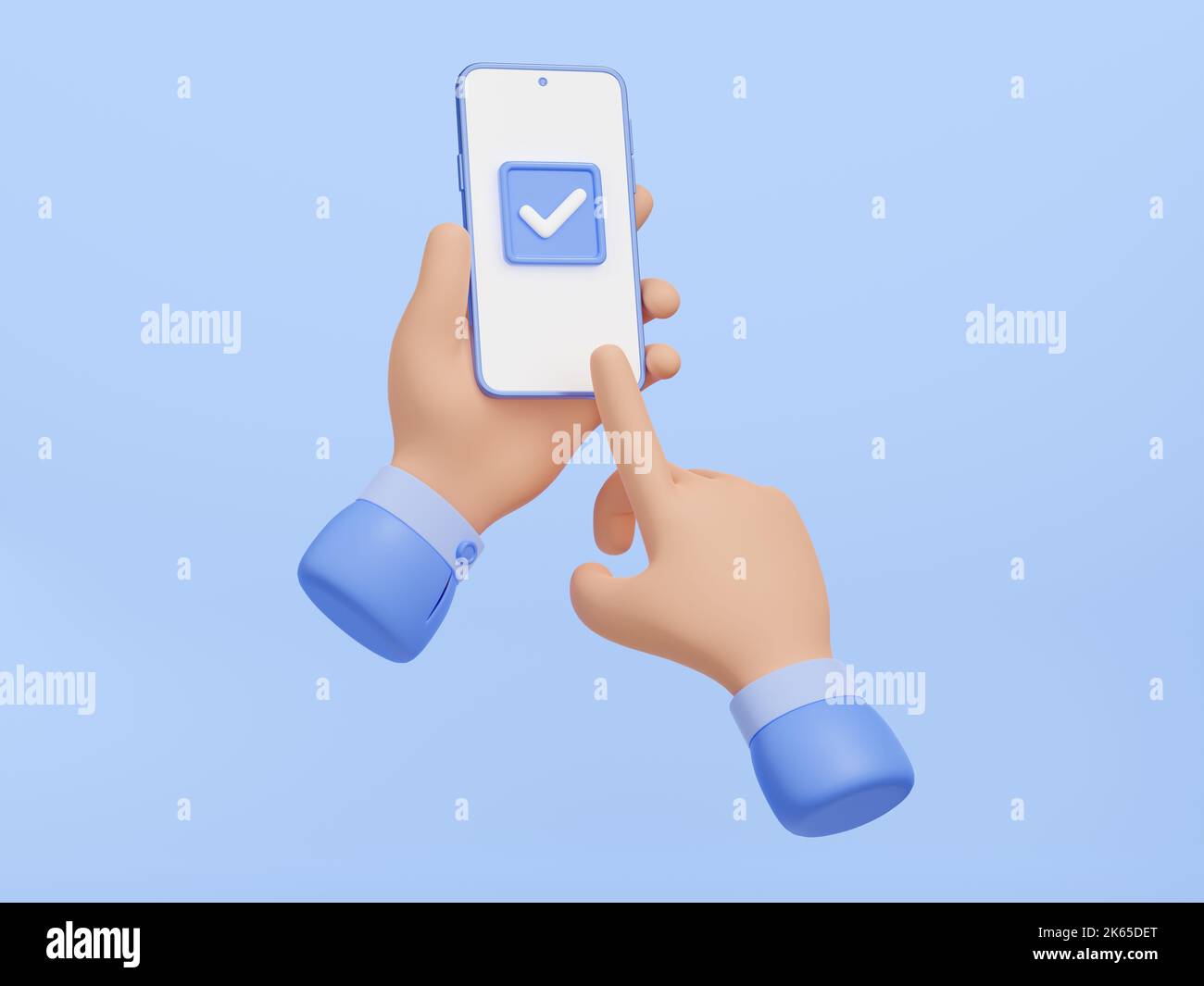 Hands hold mobile phone and click on checkmark on screen. Concept of ...