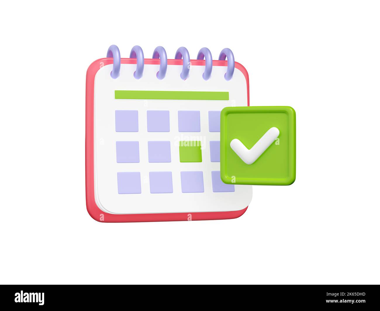 3D render of calendar page with green tick icon. Red daily planner with ...