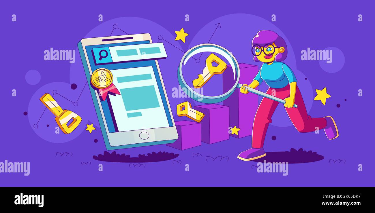 Keyword ranking, SEO research concept with woman with magnifier ...