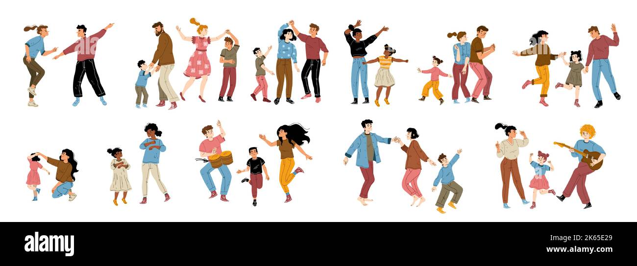 Happy couples and families with kids dancing. Diverse characters ...