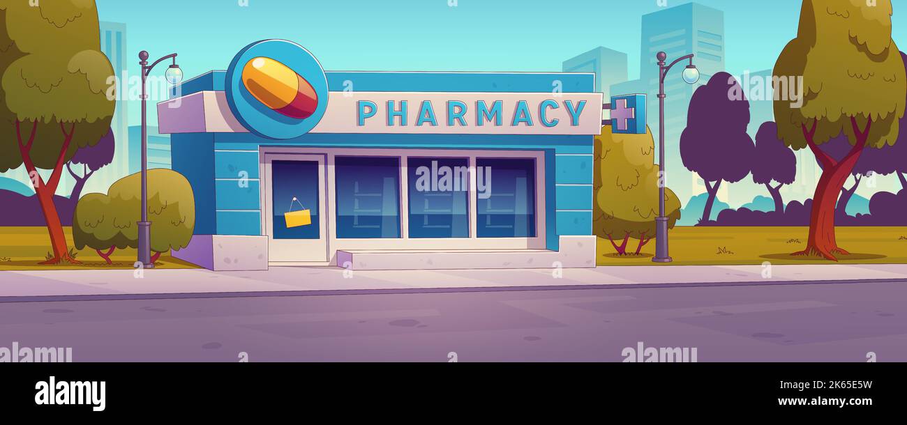 Pharmacy building storefront, drug store on roadside with cityscape ...