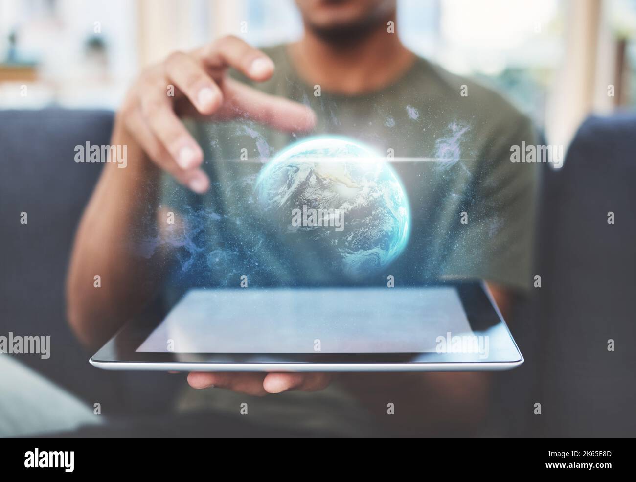 Hologram, global and tablet with hands of man for technology abstract ...