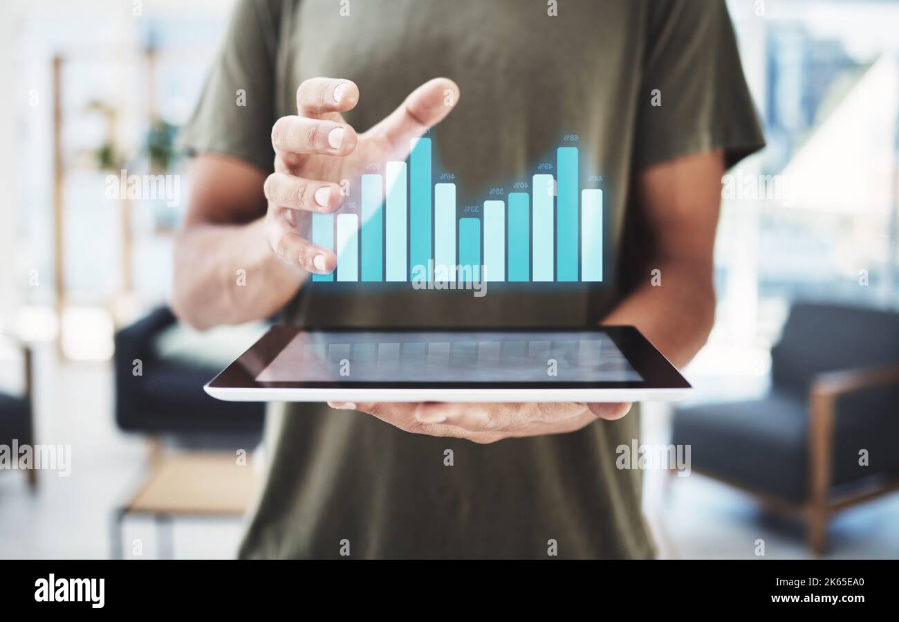 Hologram chart, tablet and businessman hands in futuristic 3d data analytics, digital marketing ...