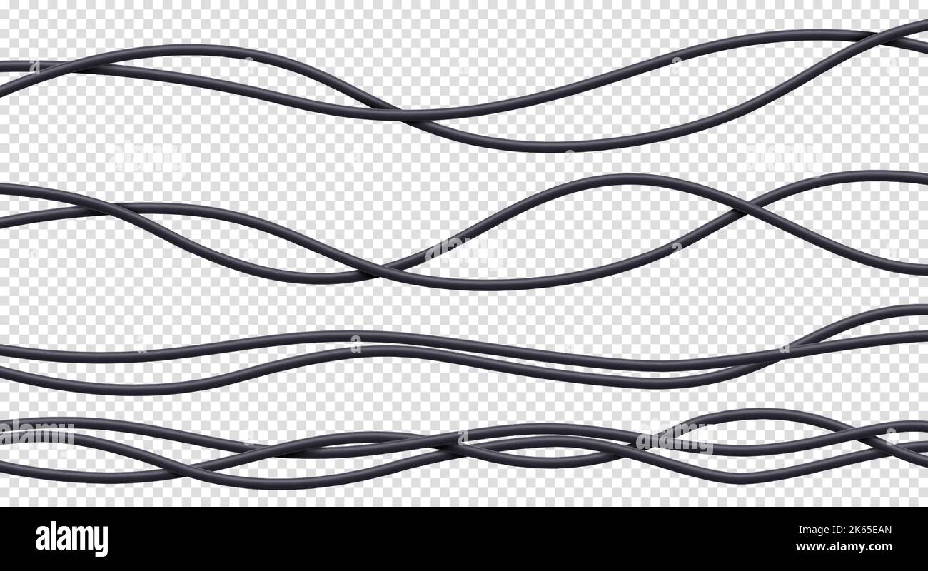 Realistic cables set, black flexible electrical wires with plastic ...