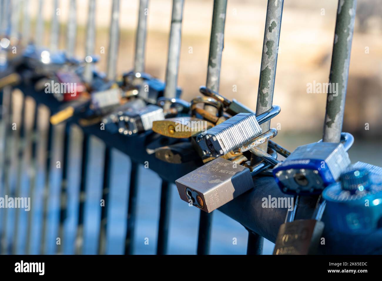 A metallic fence with a lot of locked padlocks overlooking the water ...