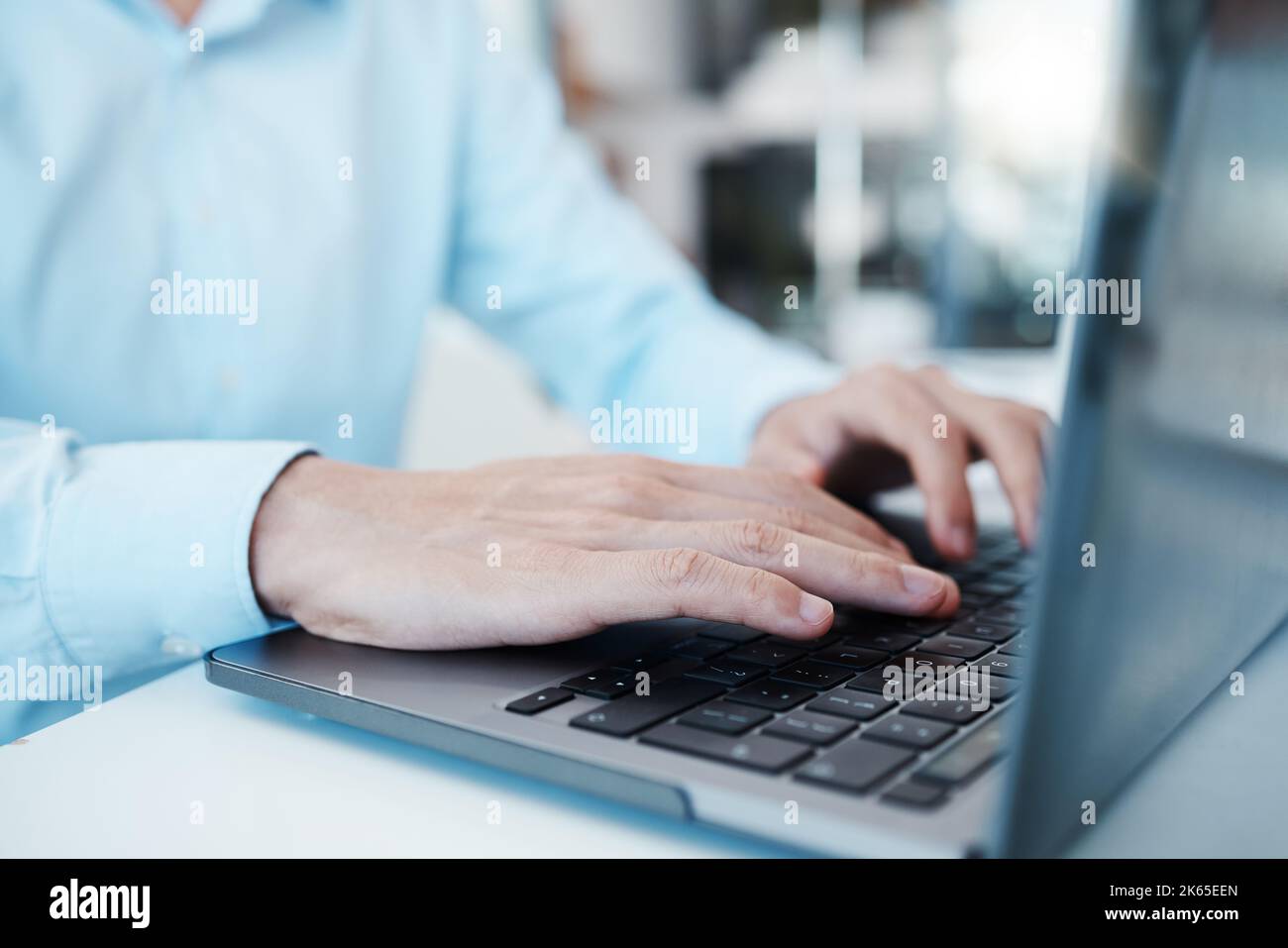 Businessman, hands and laptop typing in digital marketing startup ...