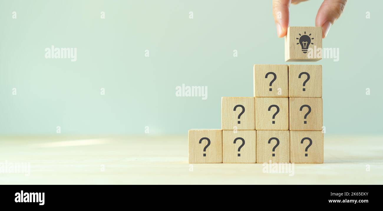 Question marks and light bulb symbolizing idea or solution. Problem ...