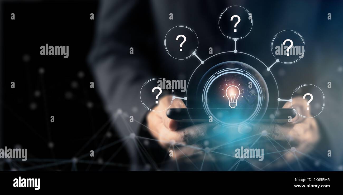 Question marks and light bulb symbolizing idea or solution. Problem solving skill, creativity ...