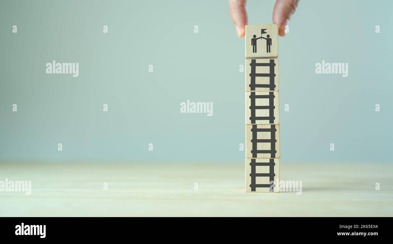 Business goal success concept. Rises up stairs to goal and achieve ...