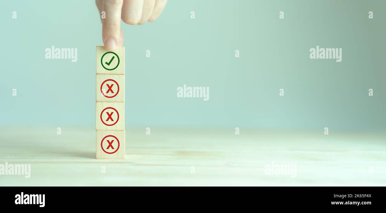 Regulatory compliance, project feasibility concept. Tick and cross ...