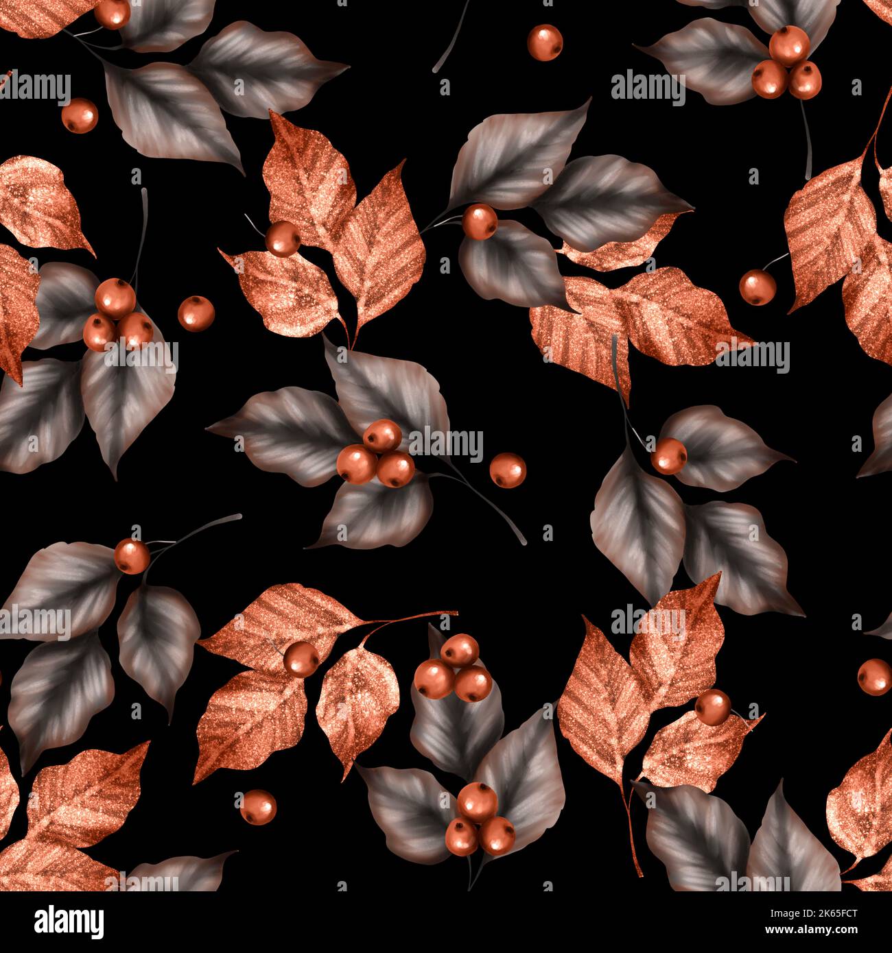 Leafy seamless pattern. Floral black background wallpaper with autumn leaves. Surface modern ...