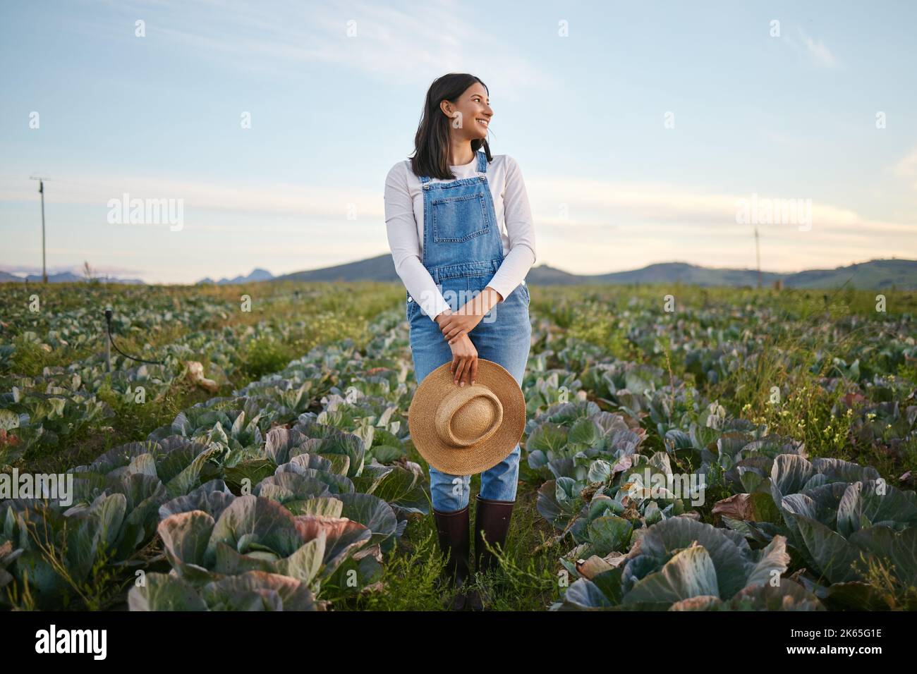 Woman farmer standing in a cabbage field on a farm. Young brunette ...