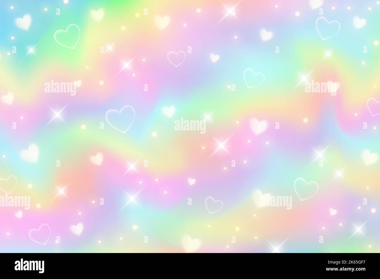 Rainbow unicorn background. Girlie princess sky with stars, hearts and ...