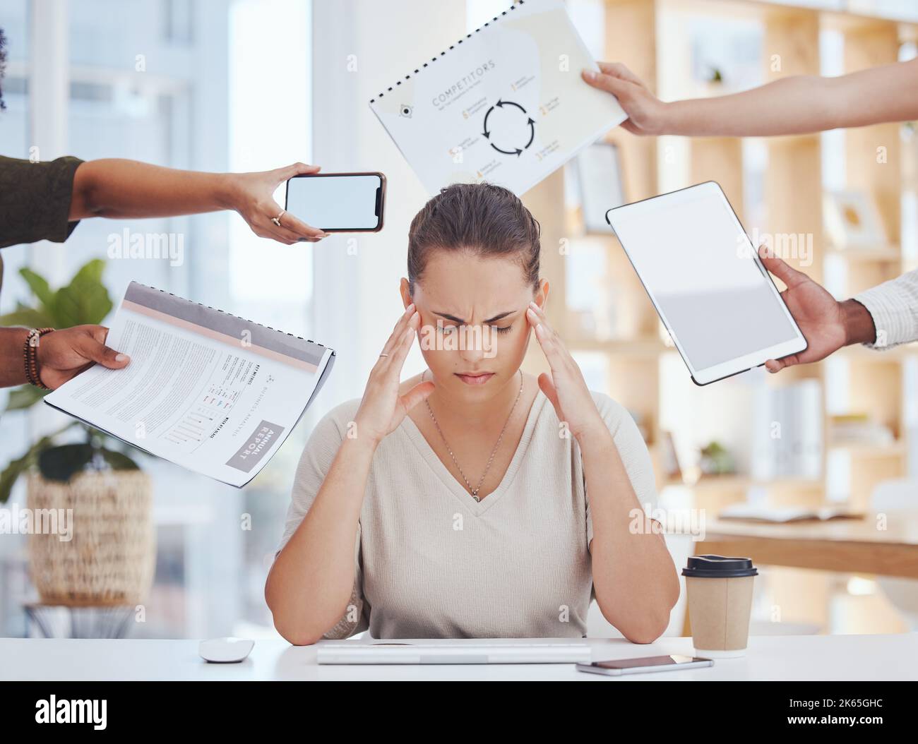 Stress, headache, and time management of business woman with project ...