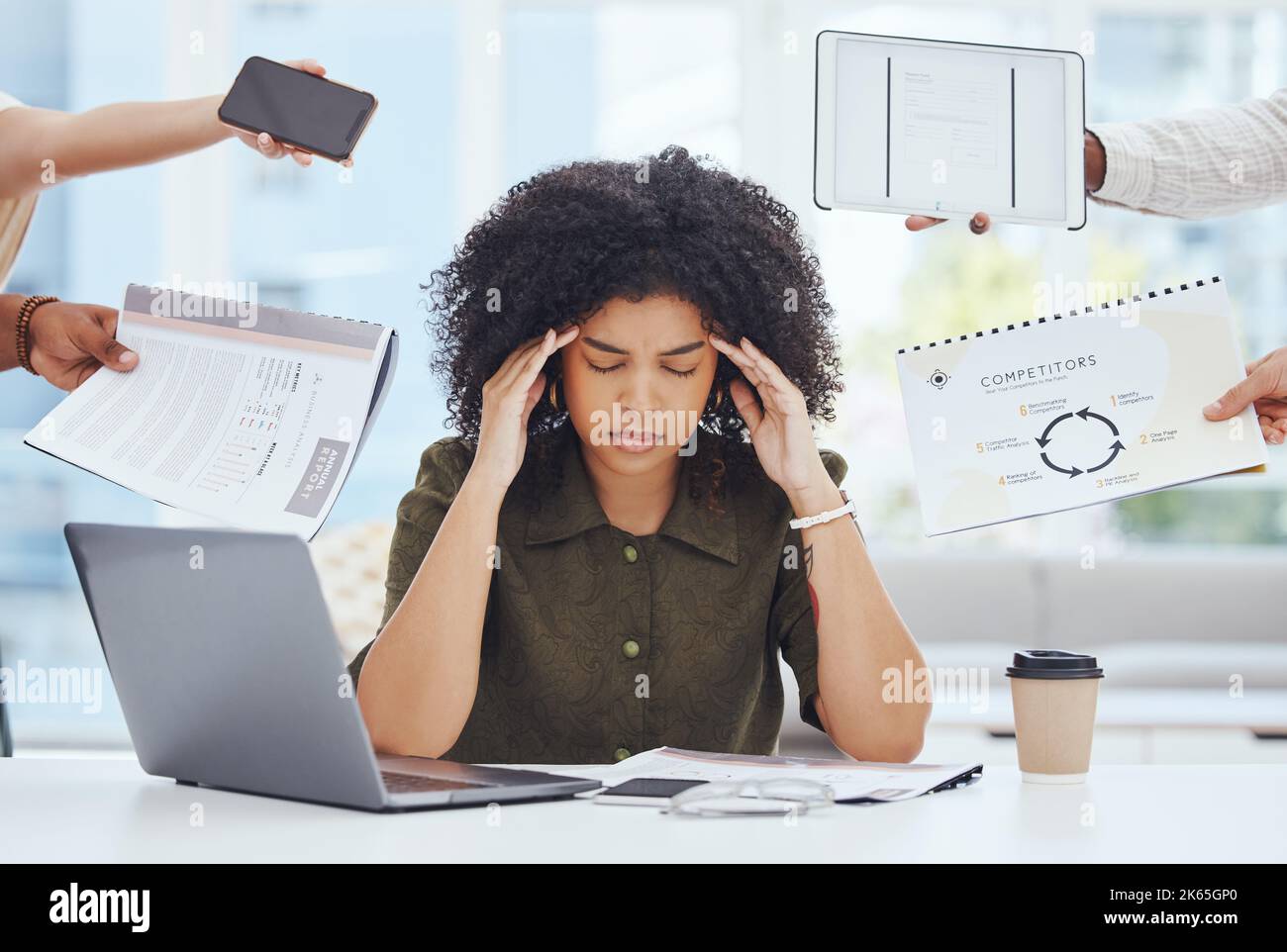 Woman, stress and burnout in business, office and headache feeling ...