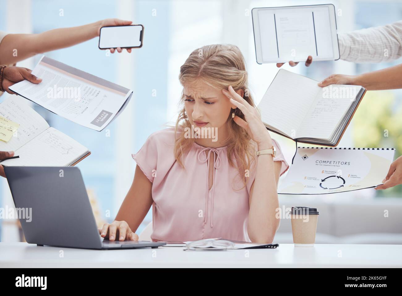 Businesswoman stress, anxiety and burnout in busy office of poor time ...