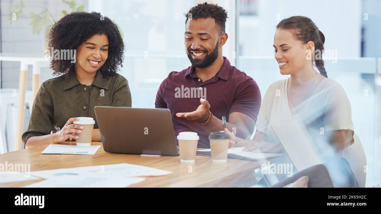 Collaboration, meeting and team working on laptop in the office, brainstorming ideas for a ...