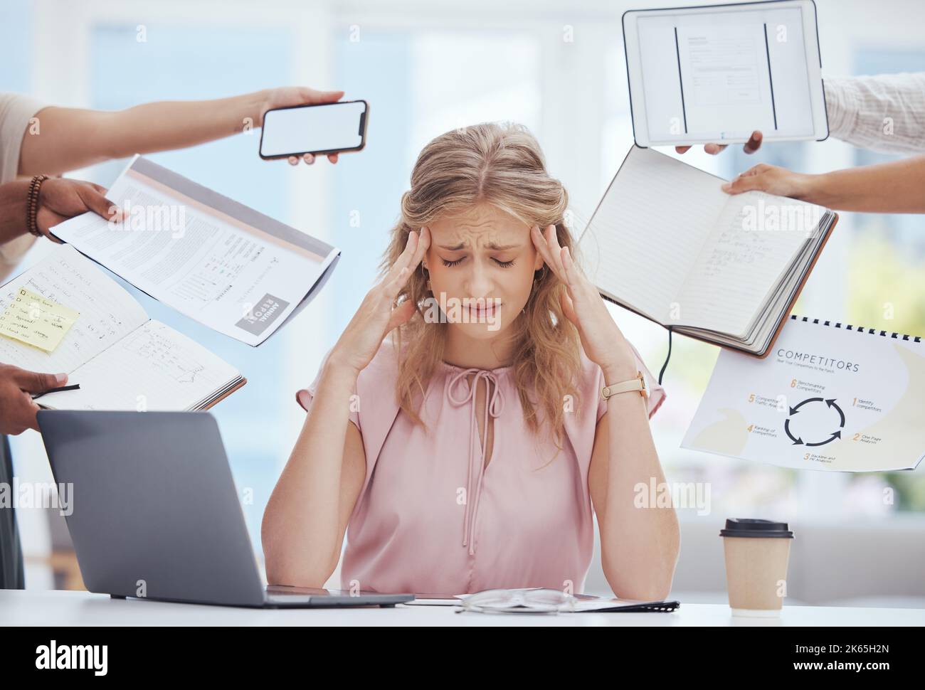 Stress, burnout and busy woman in the office with headache, tasks and ...