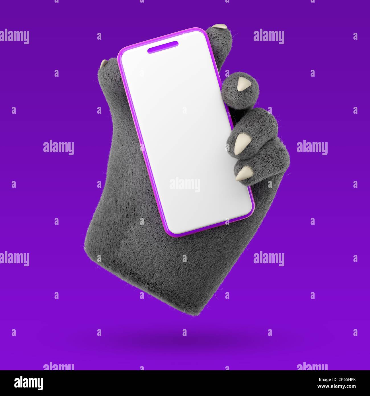 3d furry wolf hands holding mobile phone in plastic cartoon style ...