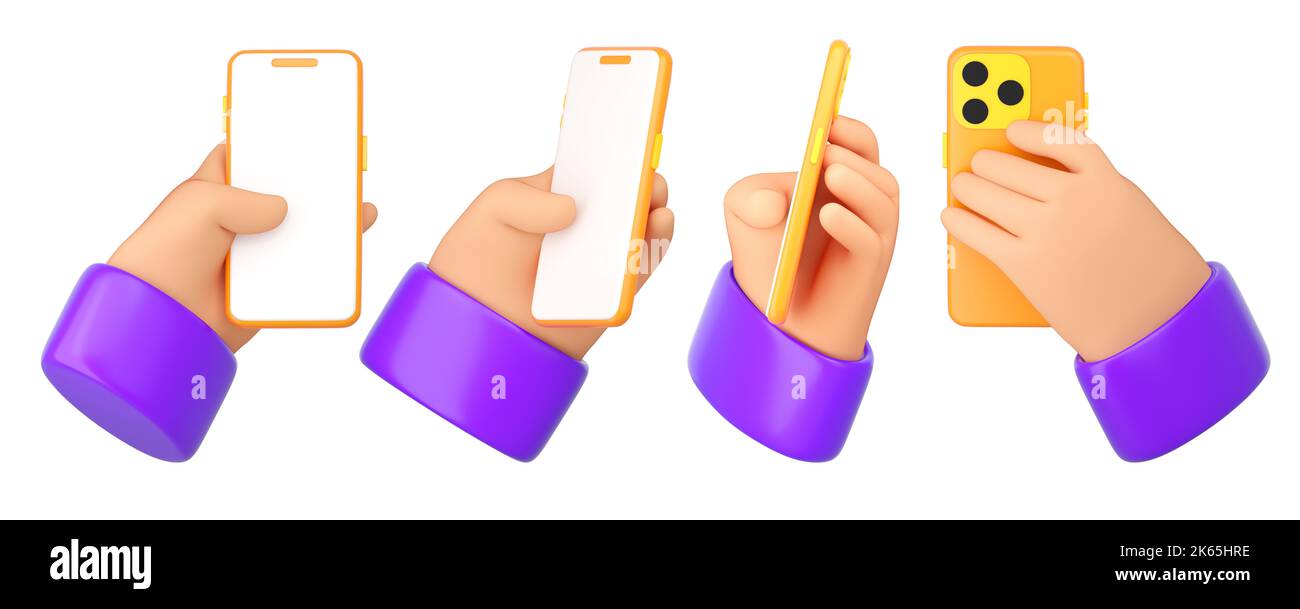 3d cartoon human hands holding smartphone set. Using mobile phone ...