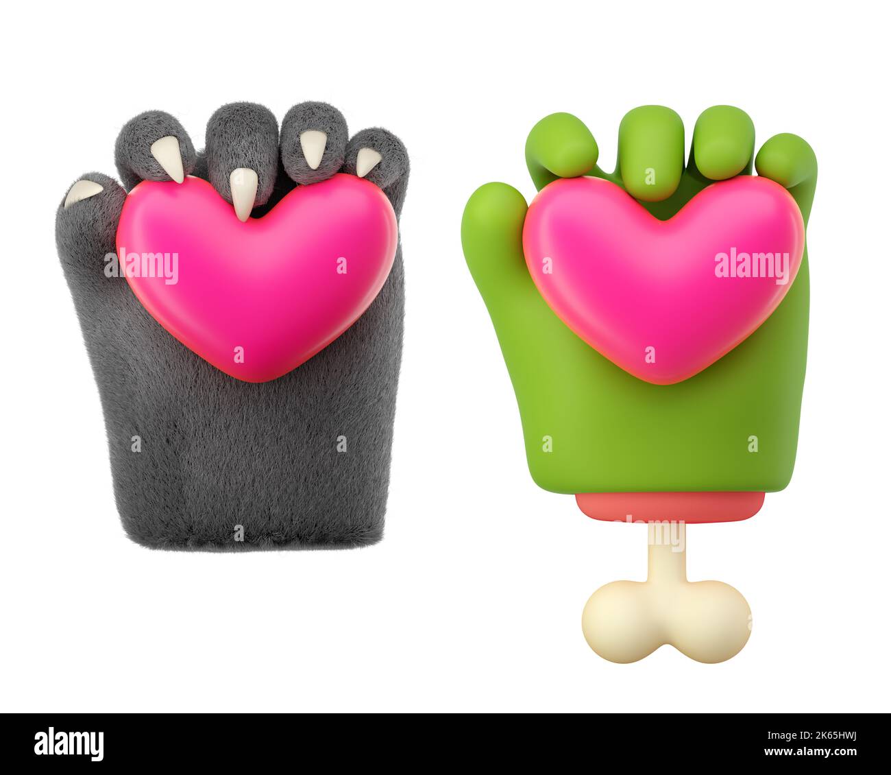 3d furry wolf and zombie hands holding heart set in plastic cartoon ...