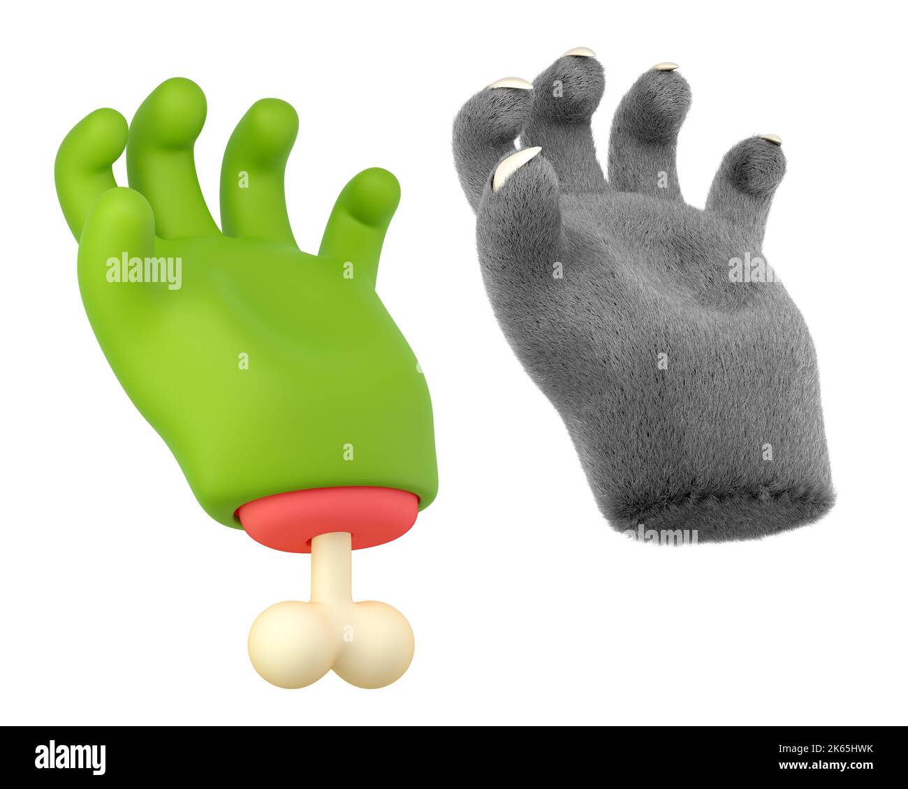3d furry wolf and zombie hands set in plastic cartoon style. Werewolf ...