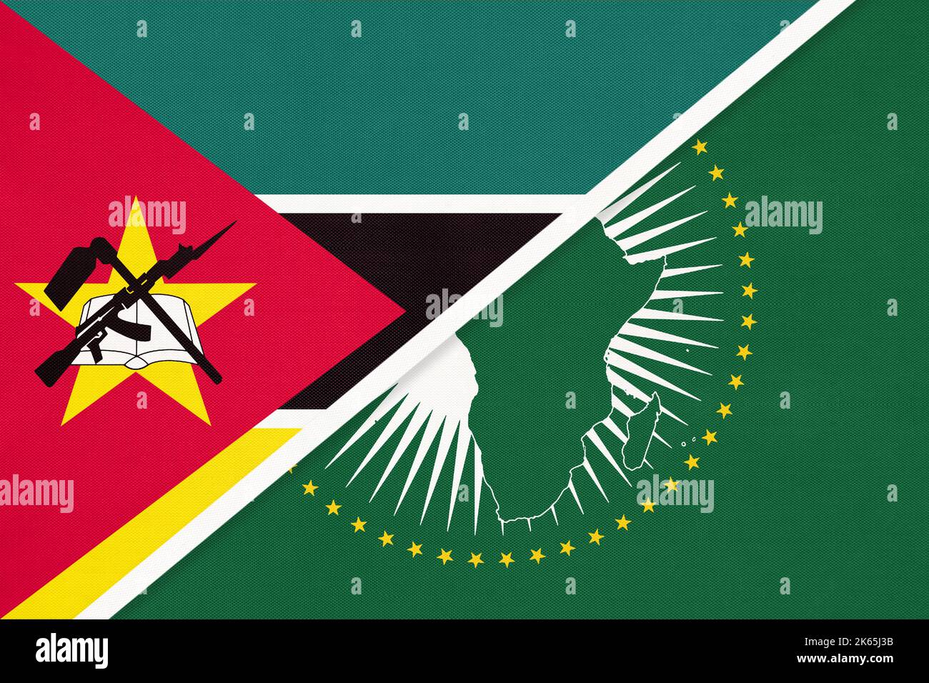 African Union and Mozambique national flag from textile. Africa ...