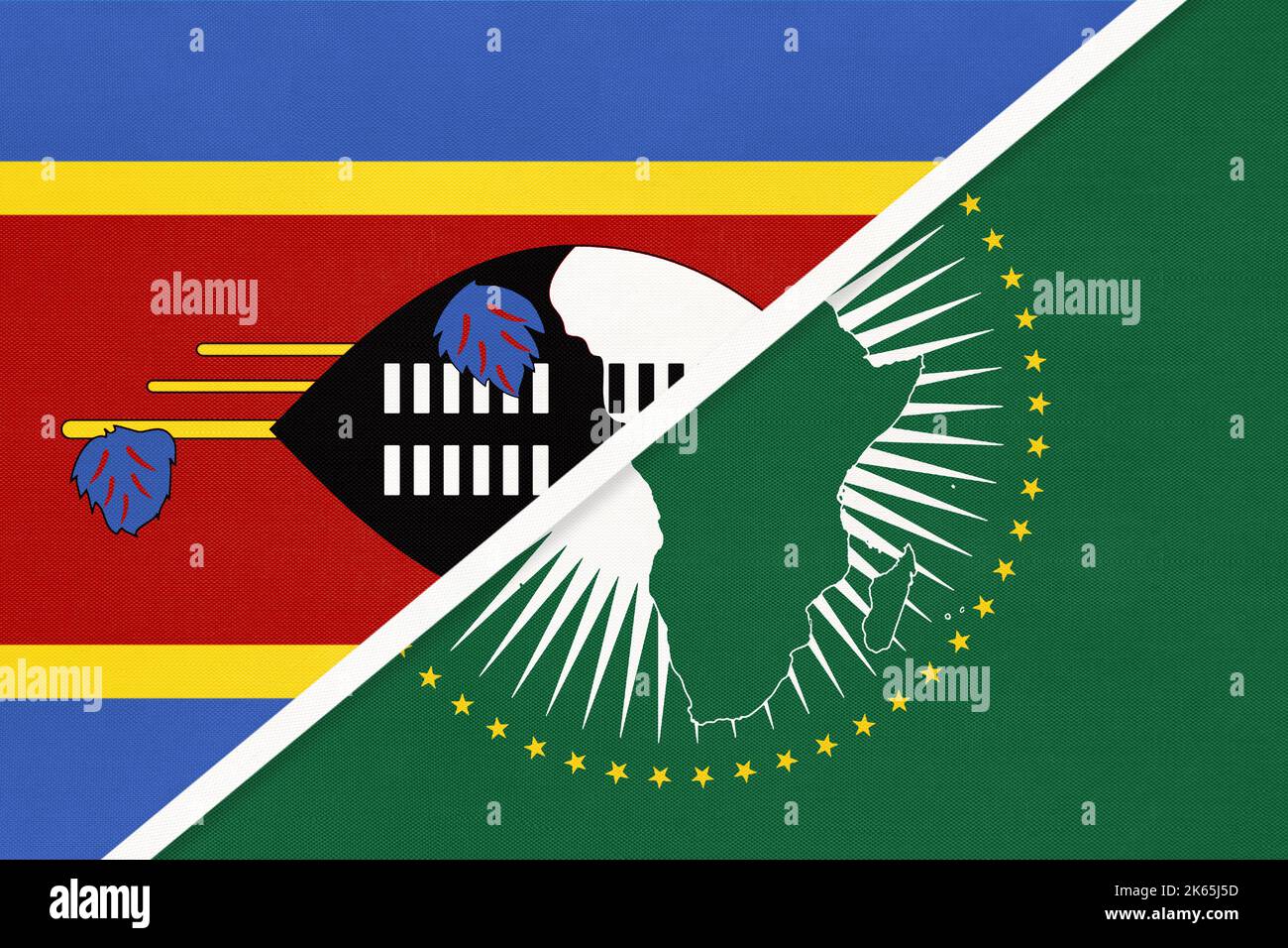 African Union and Eswatini national flag from textile. Africa continent ...