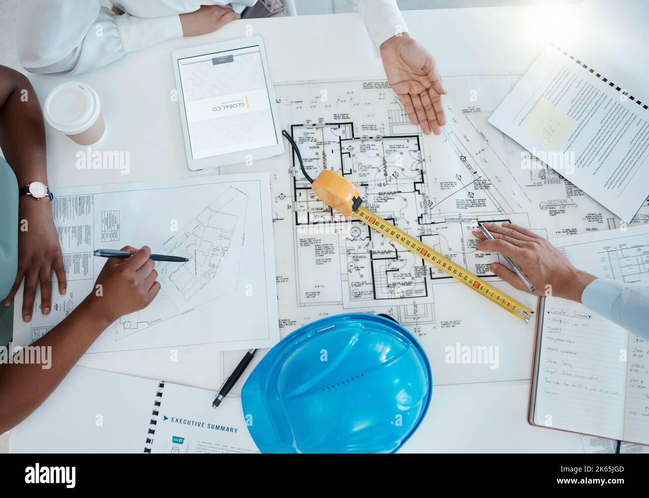 Architecture hands, blueprint design and property planning, engineering ...