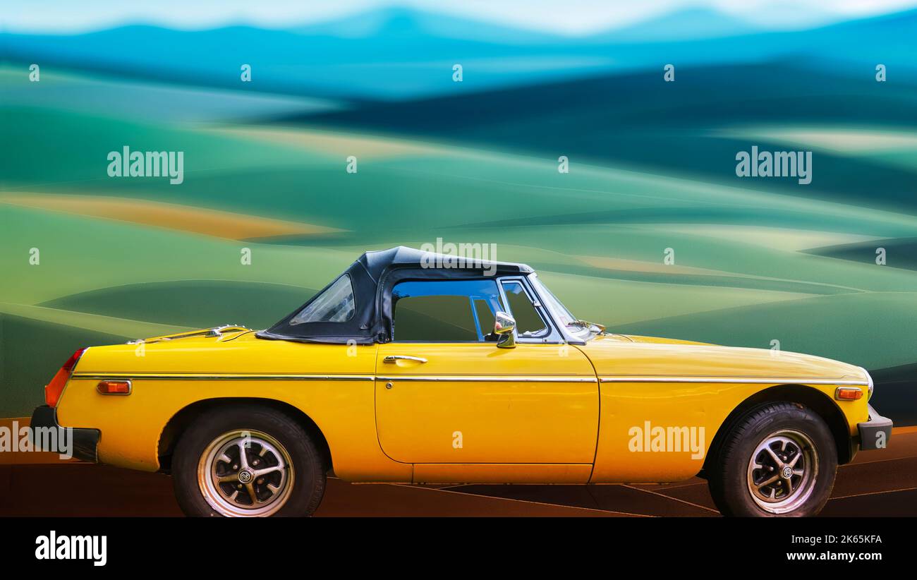 MG Roadster, classic small English sports car in yellow, composite in ...