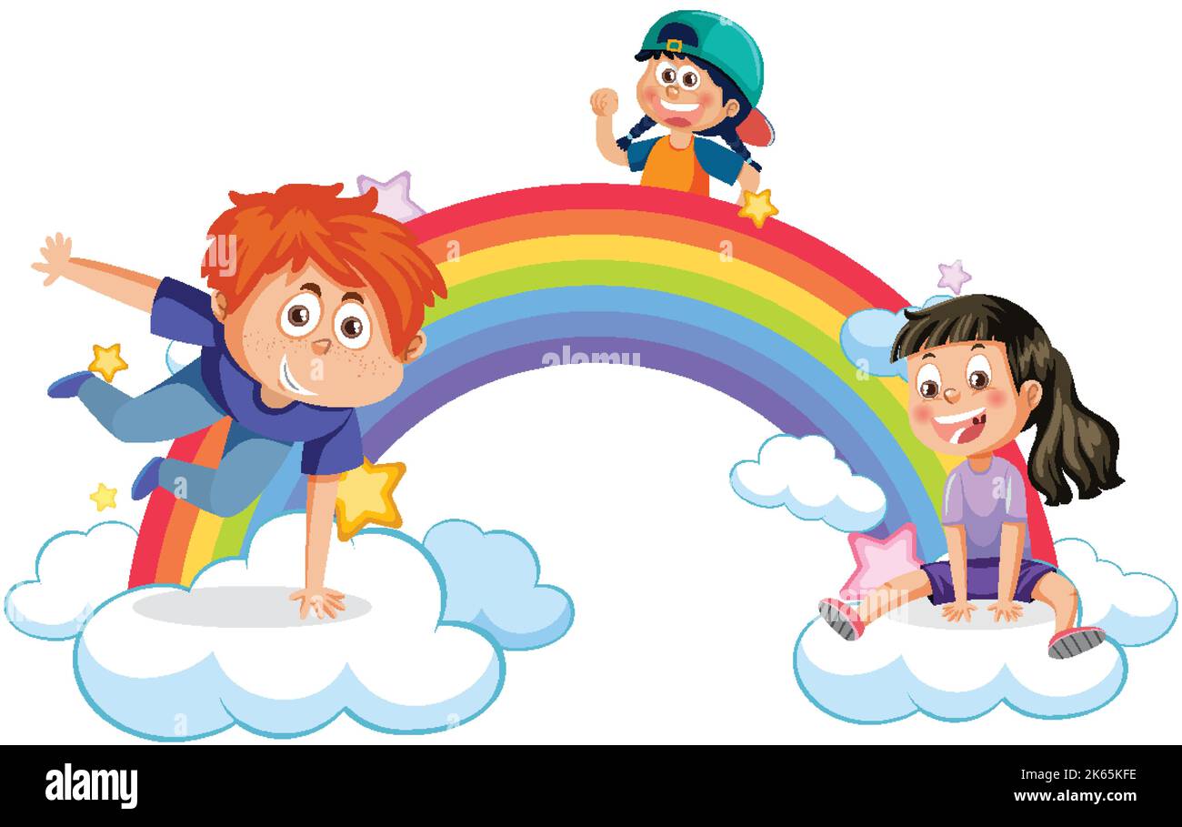 Happy children with rainbow illustration Stock Vector Image & Art - Alamy