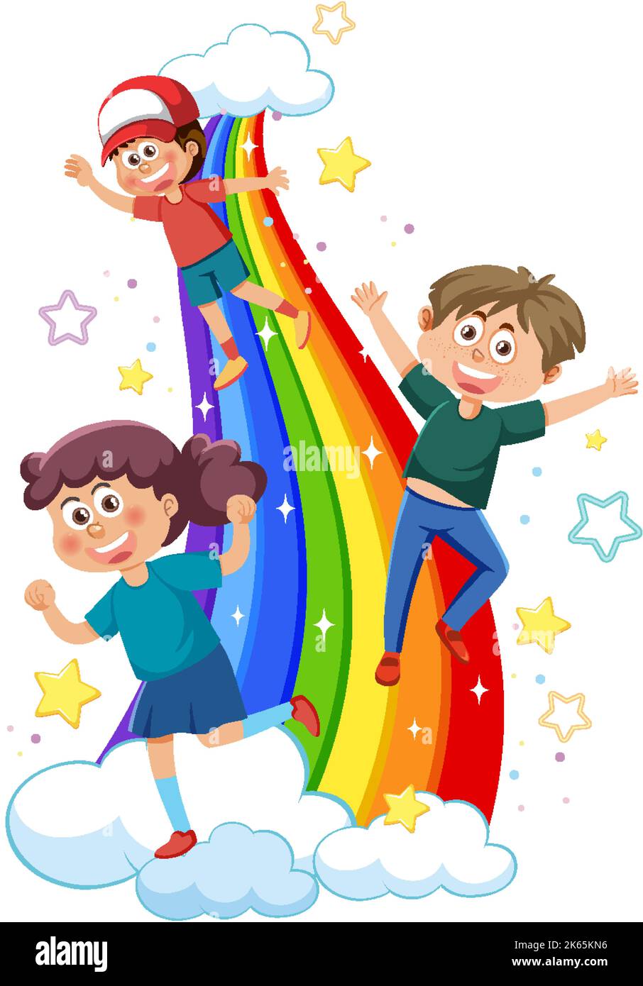 Happy kids on rainbow illustration Stock Vector Image & Art - Alamy