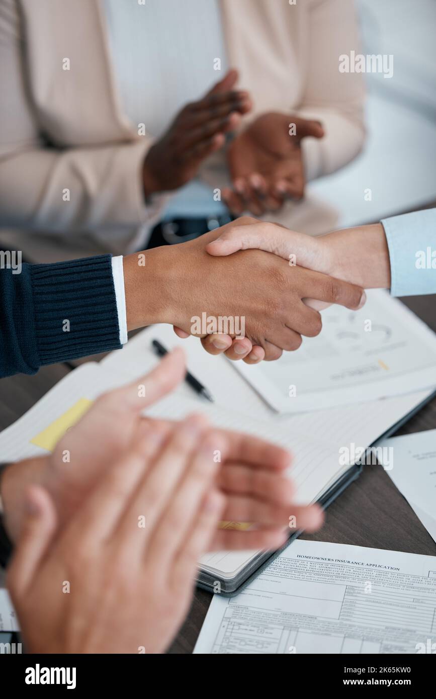 Deal, contract and handshake with business people in partnership for ...