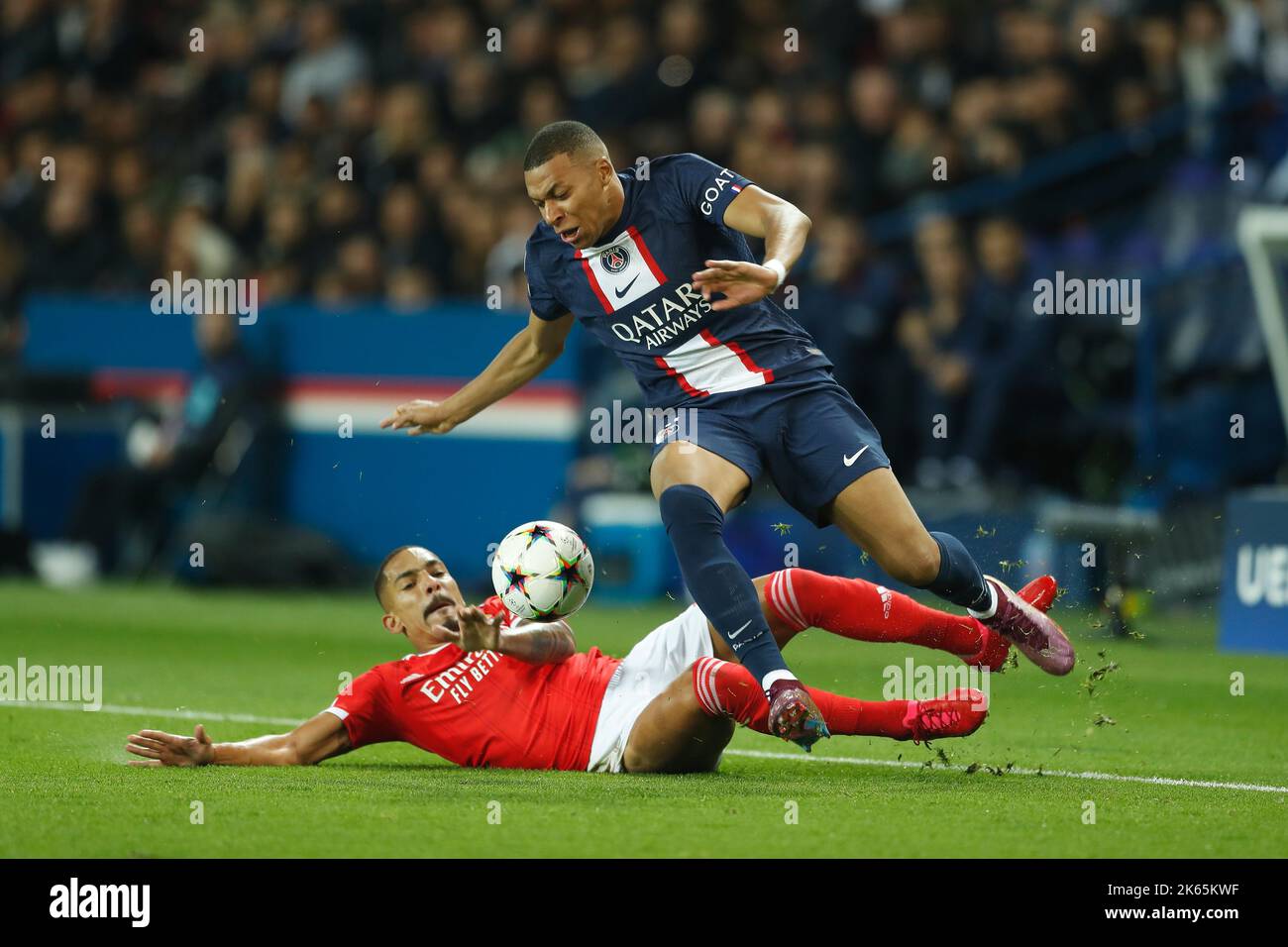 Paris, France. 11th Oct, 2022. (L-R) Gilbert (Benfica), Kylian Mbappe (PSG) Football/Soccer ...