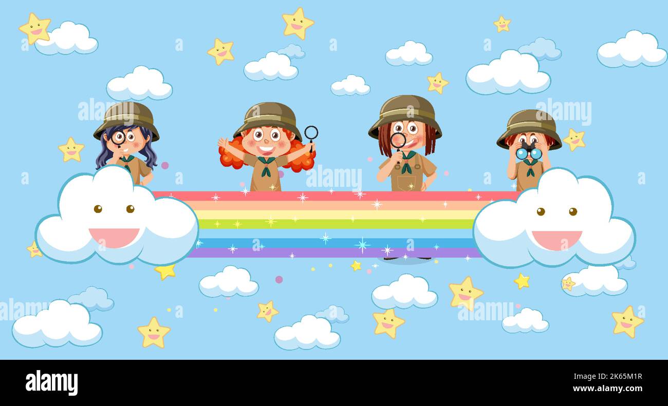 Happy kids in in the sky with rainbow illustration Stock Vector Image ...