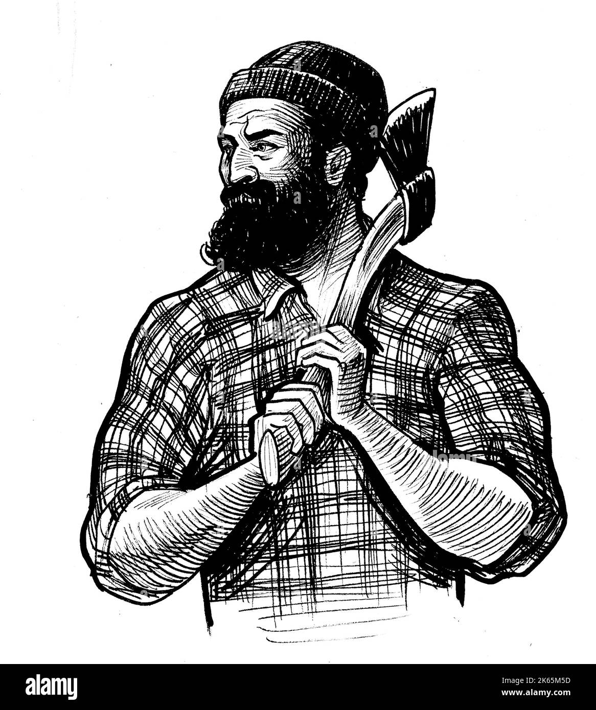 Canadian lumberjack with axe. Ink black and white drawing Stock Photo ...