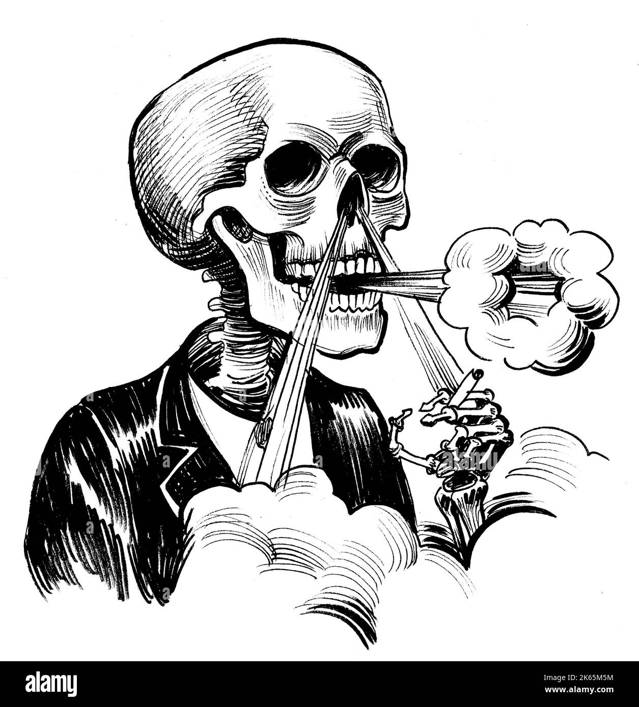 Vaping skeleton. Ink black and white drawing Stock Photo - Alamy