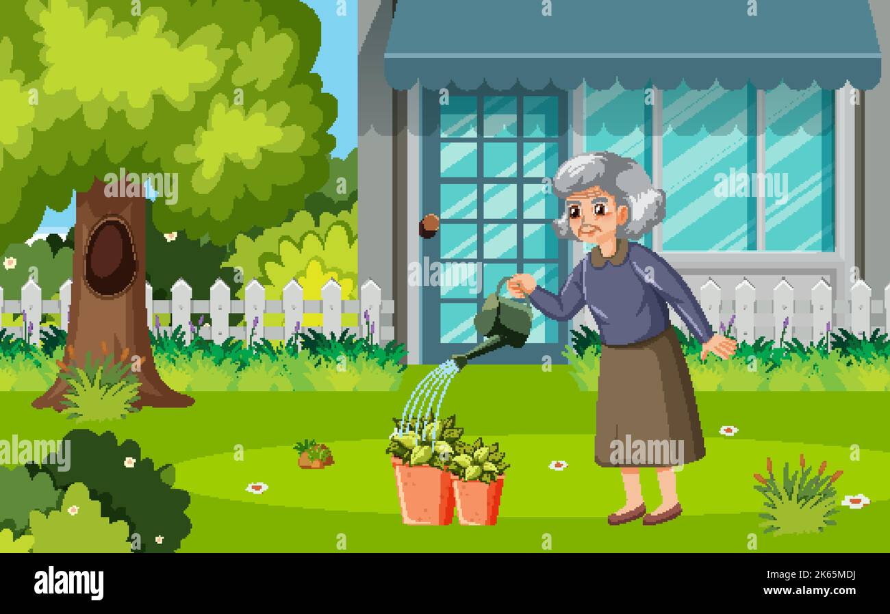 Elderly woman gardening at backyard illustration Stock Vector Image ...