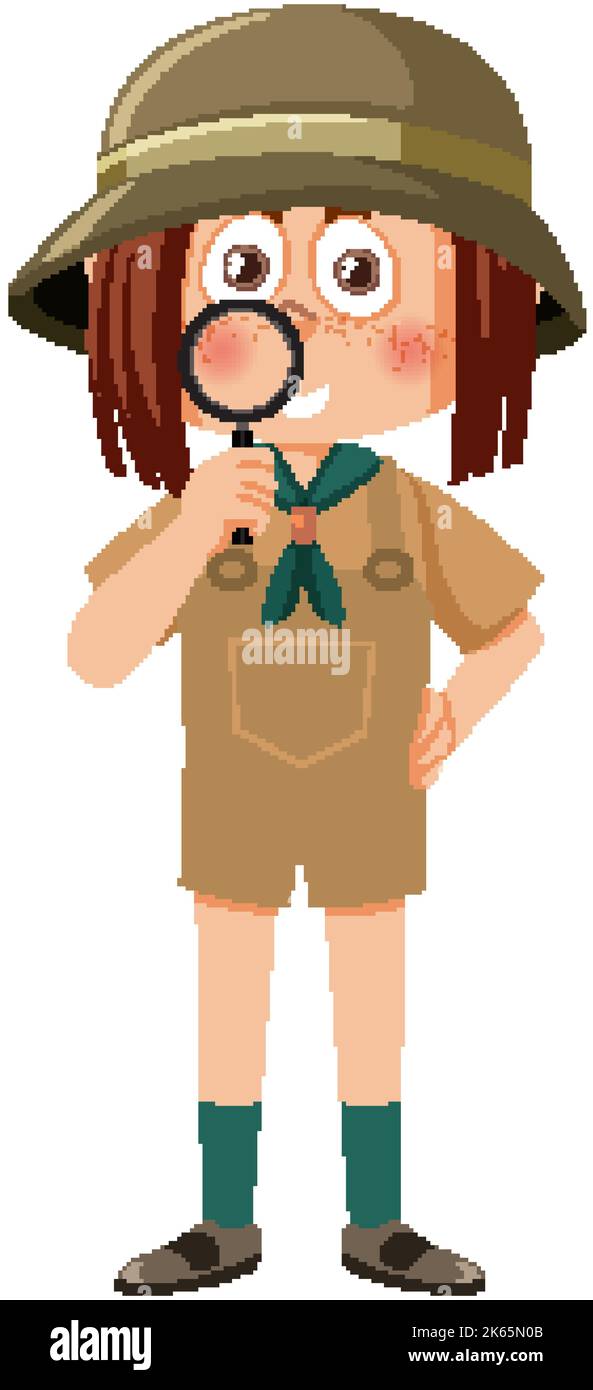 Cute Girl Scout Cartoon Character Holding Magnifying Glass Illustration