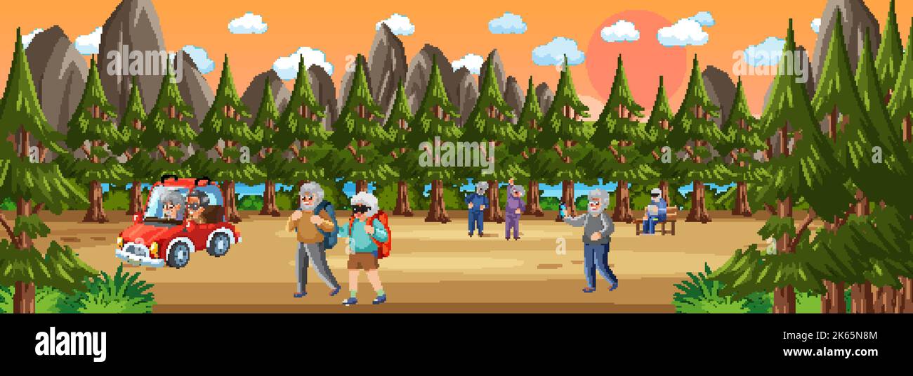 Nature scene with senior people hiking illustration Stock Vector Image ...