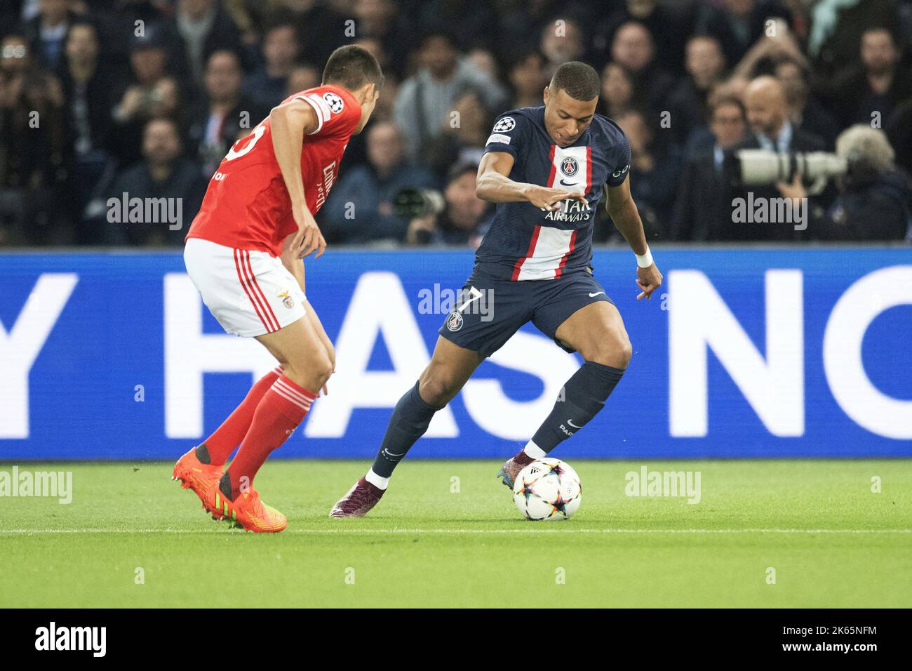 Kilian Mbappe of Paris Saint-Germain in action during the Champions League match between Paris ...