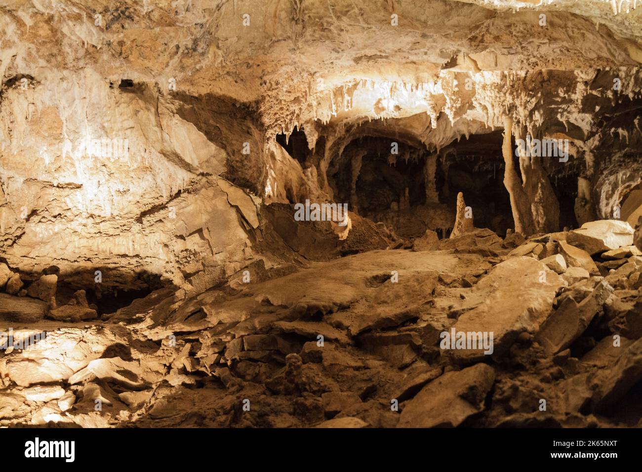 The inside of a big cave with illuminated stalagmites and stalactites ...